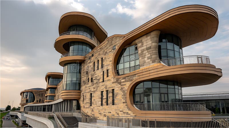 Modern Beige Stone Building with Curved Facade and Glass Windows Stock Illustration ...