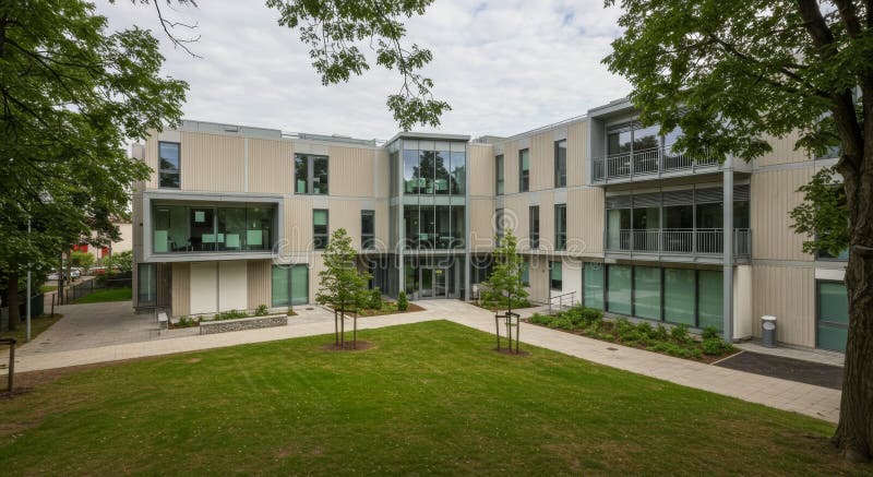 Modern Beige Stone Building with Glass Facade and Green Courtyard Stock ...