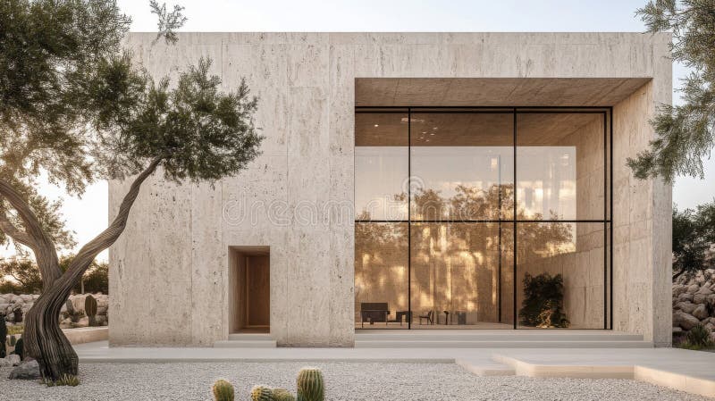 Modern Beige Stone House with Large Glass Windows Stock Illustration ...