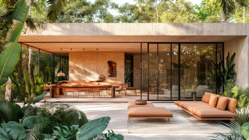 Modern Beige Tropical House with Minimalist Design Stock Illustration ...