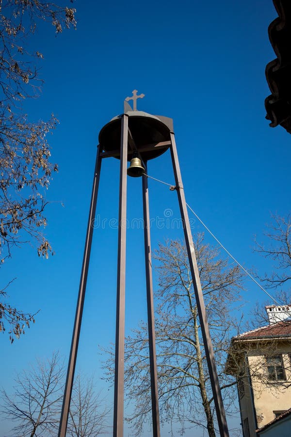 Modern Bell and Cross Tower of Batkun Monastery Stock Photo - Image of ...