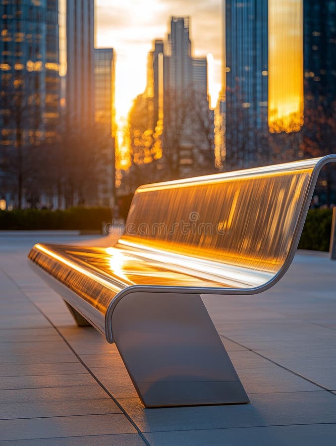 Modern Bench in City during Sunset with Skyscrapers. Stock Image ...