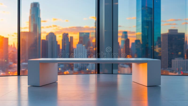 Modern Bench in Front of a Large Glass Window Overlooking a City ...