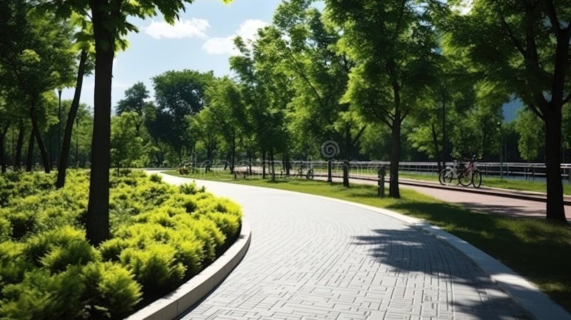 Modern Bicycle Paths in the Park among Greenery Stock Illustration ...