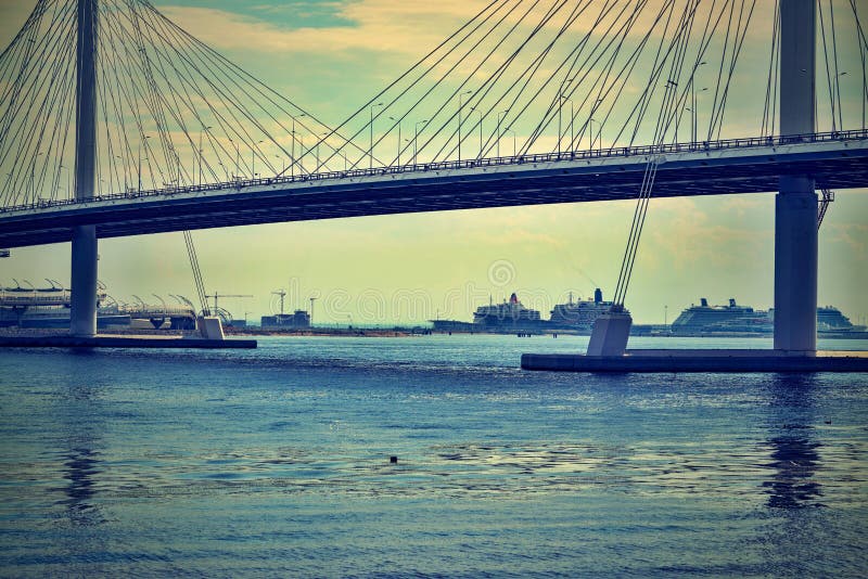 Modern Big Cable-stayed Bridge in the White Night Stock Image - Image ...