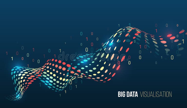 Modern Big Data Visualization with Wave of Colored Dots and Binary Code on Dark Blue Background ...