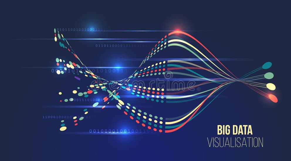 Modern Big Data Visualization with Wave of Colored Dots and Binary Code on Dark Blue Background ...