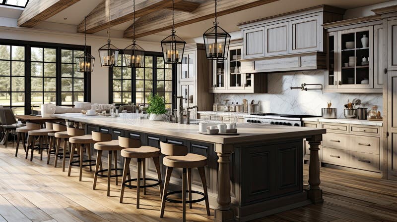 Modern Big Farmhouse Style Kitchen Stock Illustration - Illustration of ...