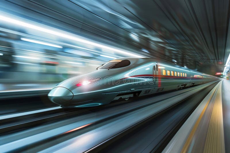 Modern High-speed Train in Fast Motion Passes through Railway Stations ...