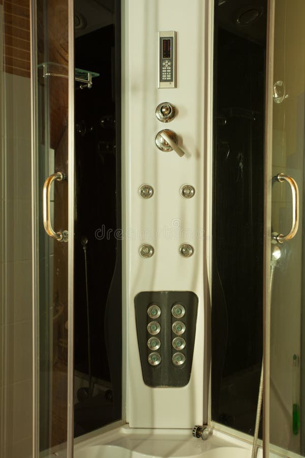 Modern Big Shower Cabin in Bathroom Corner Stock Image - Image of ...