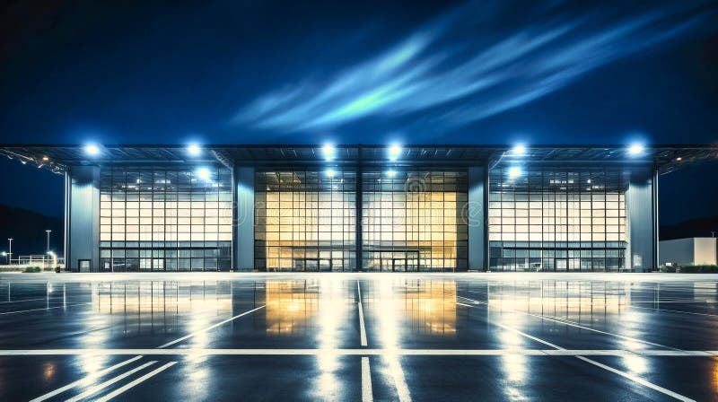 Modern Big Warehouse Building Facility Exterior with Windows at Night ...
