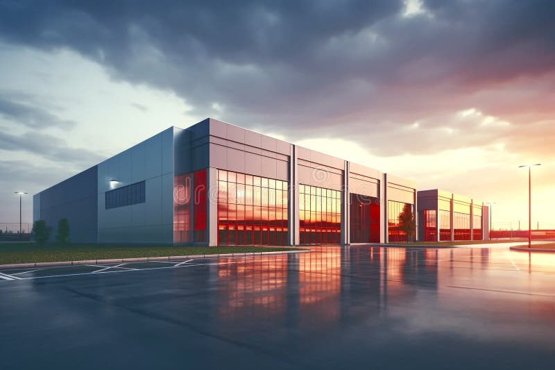 Modern Big Warehouse Building Facility Exterior with Windows at Sunset ...