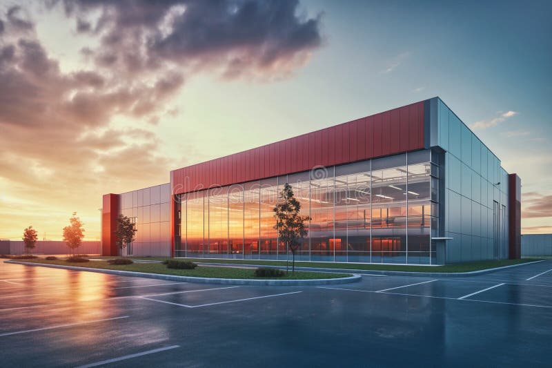 Modern Big Warehouse Building Facility Exterior with Windows at Sunset ...