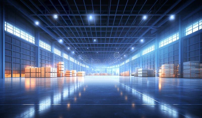 Modern Big Warehouse Building Facility Interior with Windows at Night ...