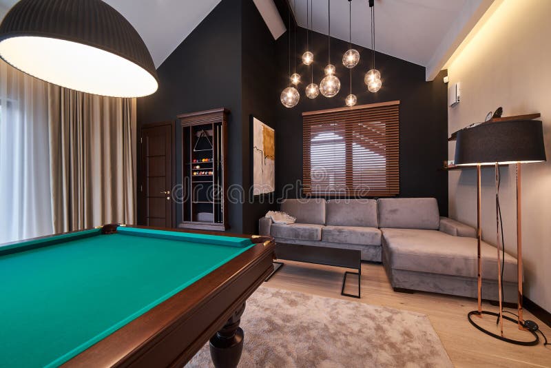 Modern Billiard Room with a Beautiful Table and Large Windows Stock ...