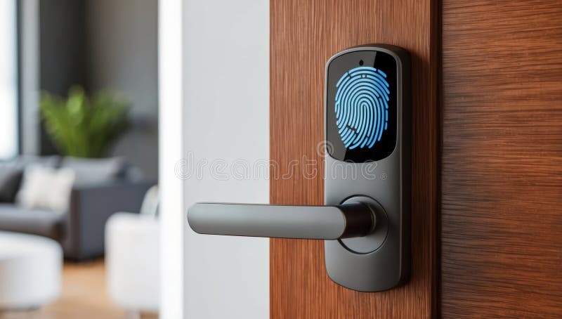 Modern Biometric Fingerprint Scanner on a Wooden Door, Symbolizing ...