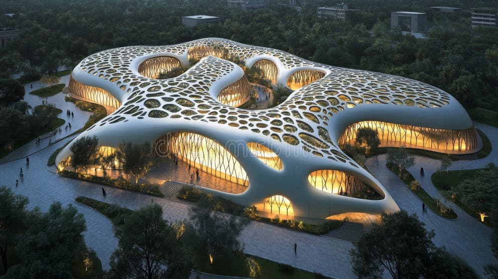 Modern Biomorphic Building Design Illuminated at Night Stock ...