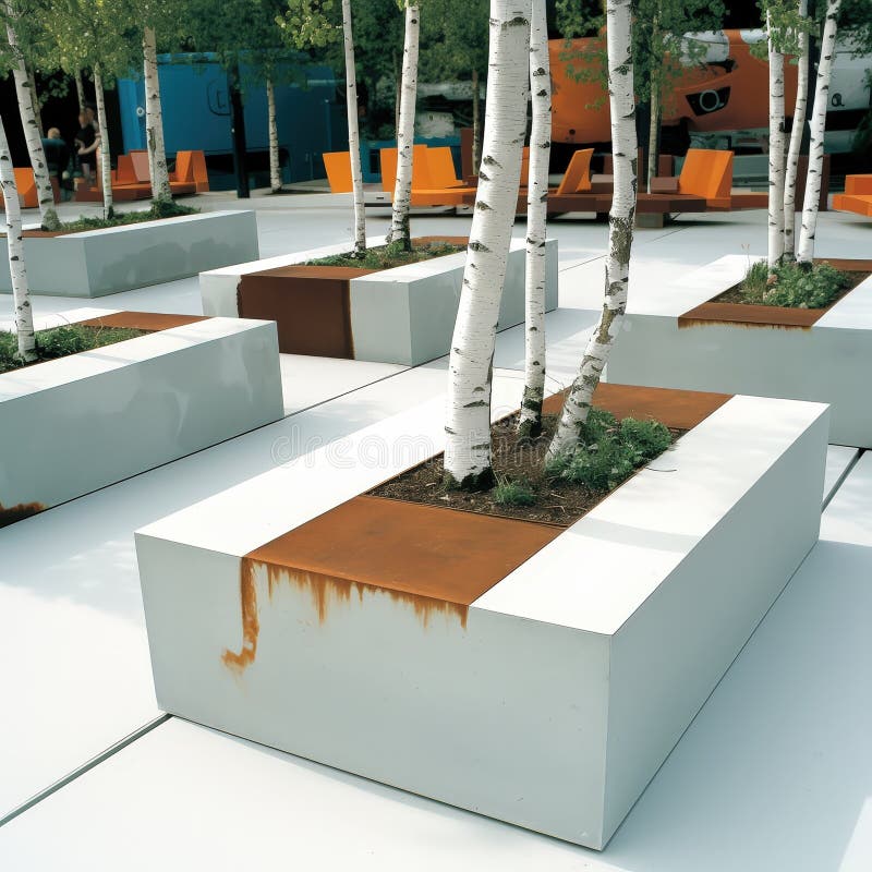 Modern Birch Tree Planters in Plaza Stock Image - Image of furniture ...