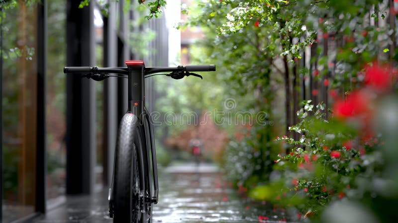 Modern Black Bicycle on Wet Path with Lush Garden Setting View Stock ...