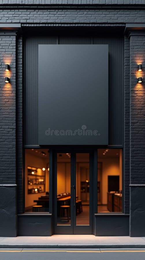 Modern Black Brick Storefront with Illuminated Interior and Blank Sign ...