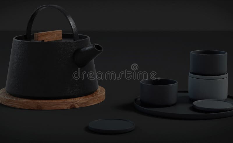 Modern Black Cast Iron Teapot and Tea Cups and a Black Minimalist Table ...