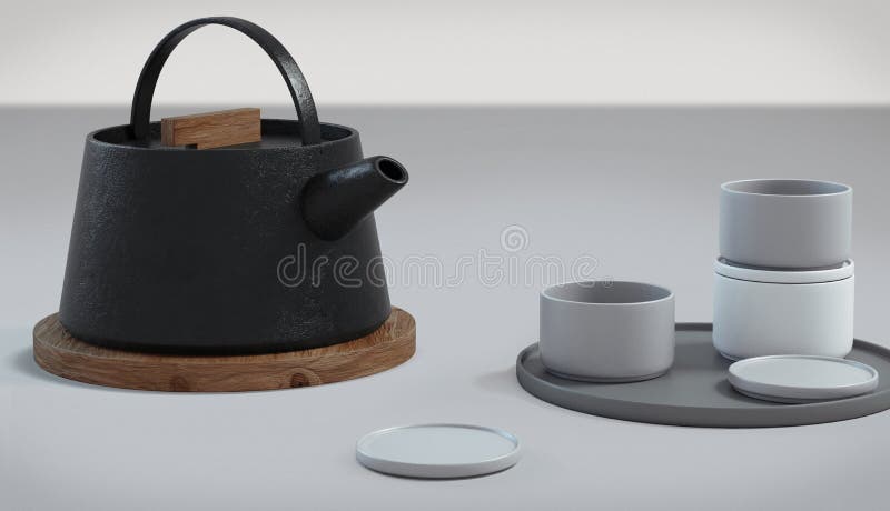 Modern Black Cast Iron Teapot and Tea Cups and a Minimalist Table White ...