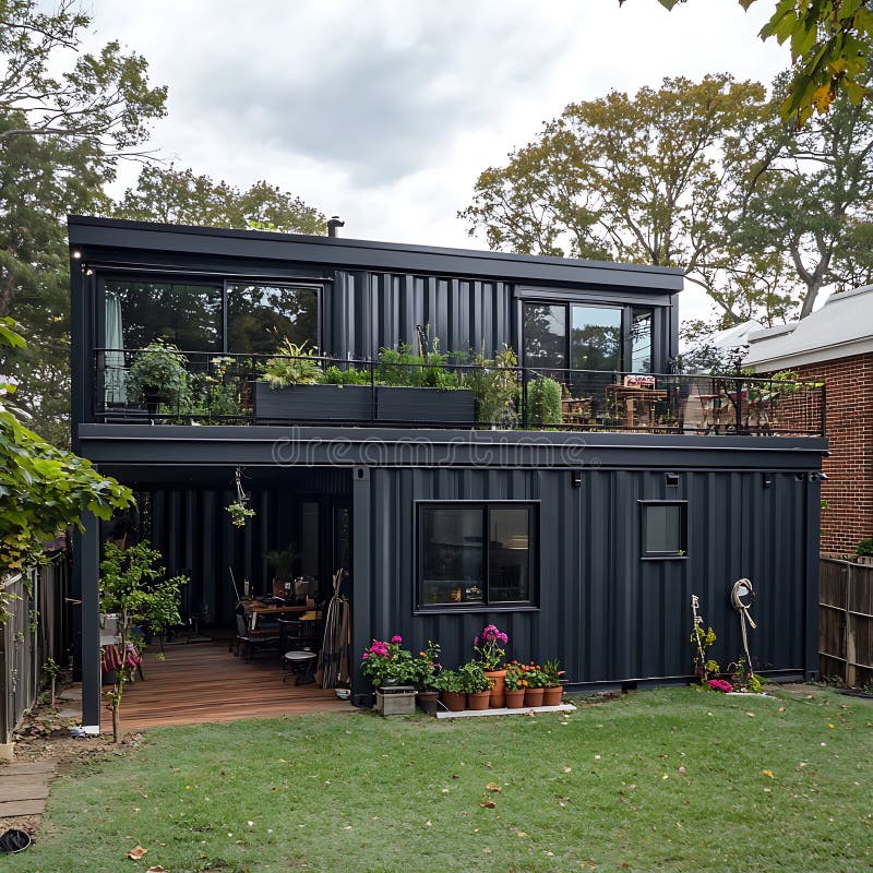 Modern Black Container Home with Deck and Greenery Stock Illustration ...