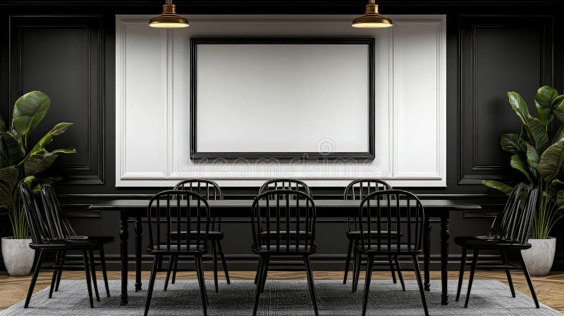 Modern Black Dining Room, Meeting Table, Blank Frame, Plants Stock ...