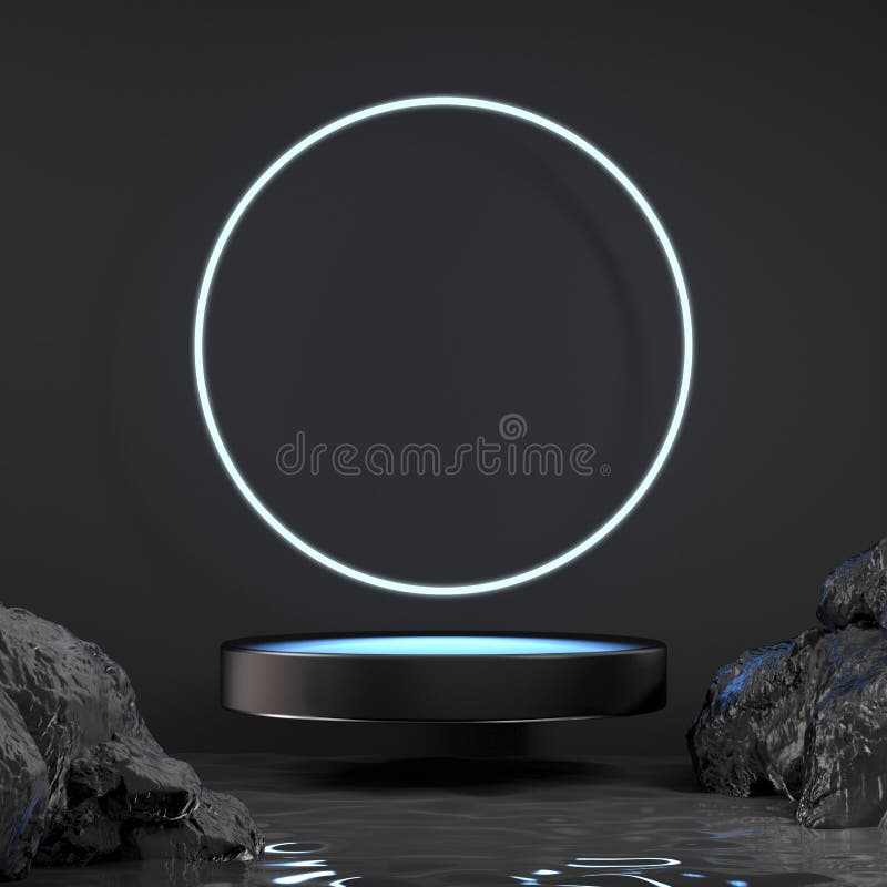 Modern Black Display Float on Water Ripple with Neon Light Glow ...