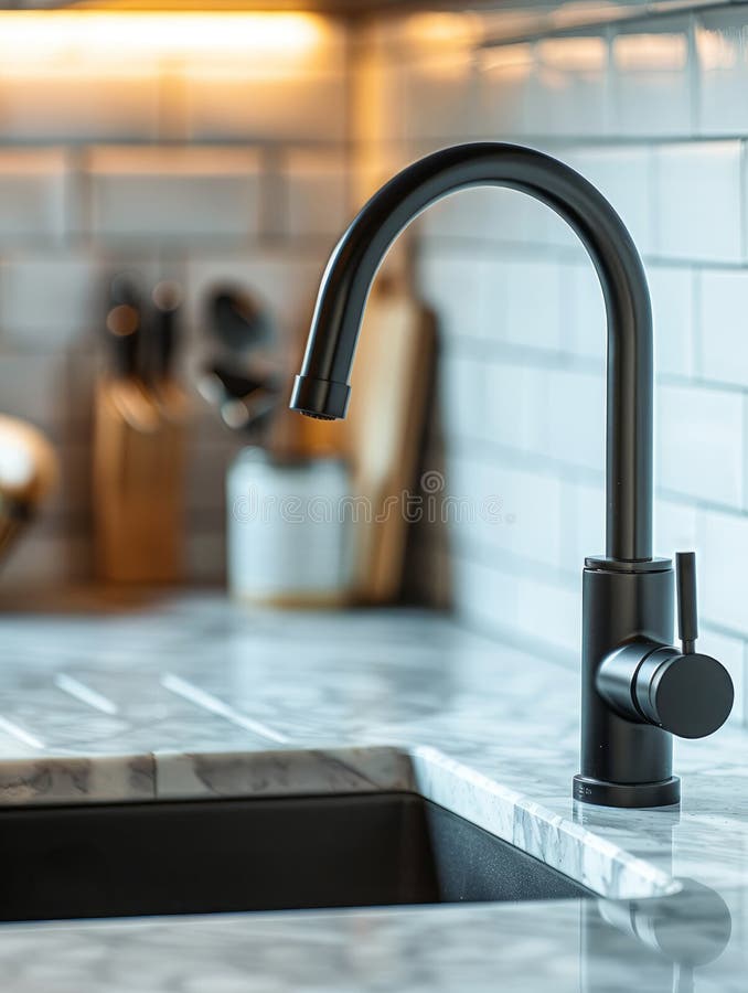 Modern Black Faucet in a Sleek Kitchen with a Marble Countertop. Stock ...