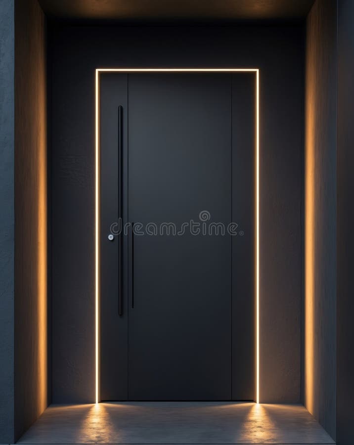 Modern Black Front Door with Exterior Lighting at Night Stock Image ...