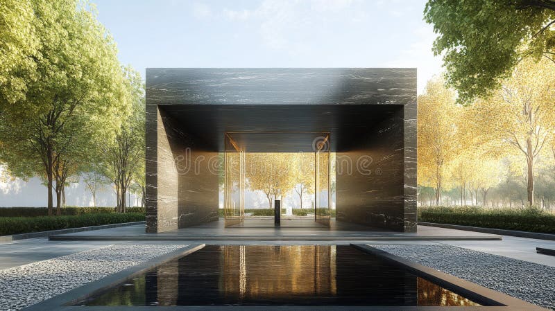 Modern Black Granite Building Entrance with Reflective Pool Stock ...