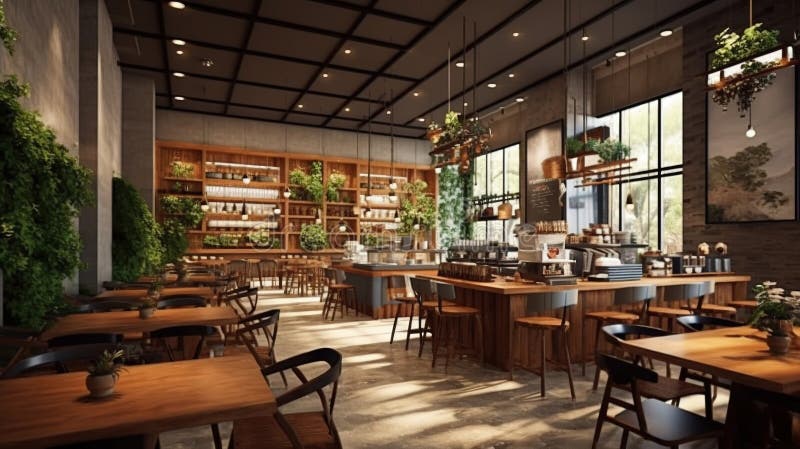 Modern Black and Gray Cafe Interior with Rectangular Sign, Wooden ...