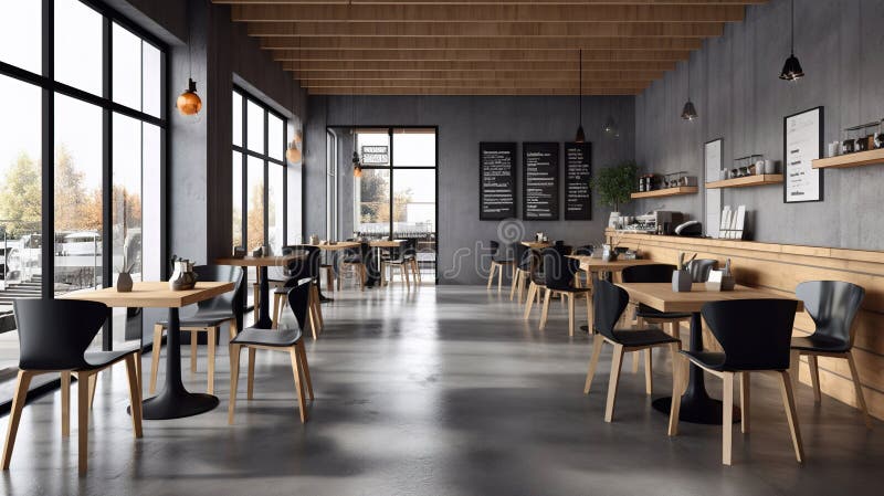 Modern Black and Gray Cafe Interior with Rectangular Sign, Wooden ...