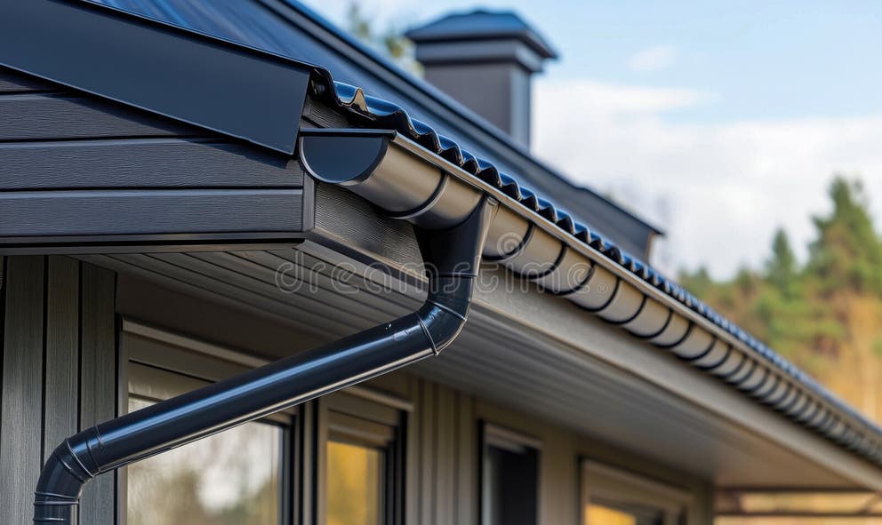 Modern Black Gutter System on Contemporary House Roof with Sleek Design ...