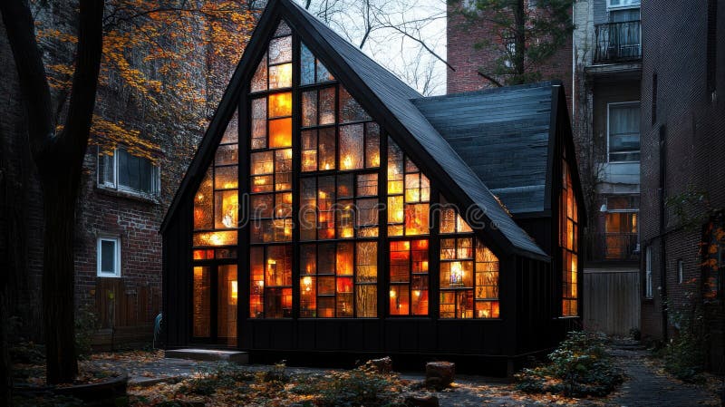 Modern Black House with Illuminated Glass Windows at Night Stock Photo ...