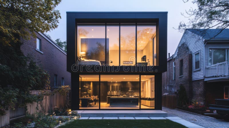 Modern Black House with Illuminated Windows at Night Stock Illustration ...