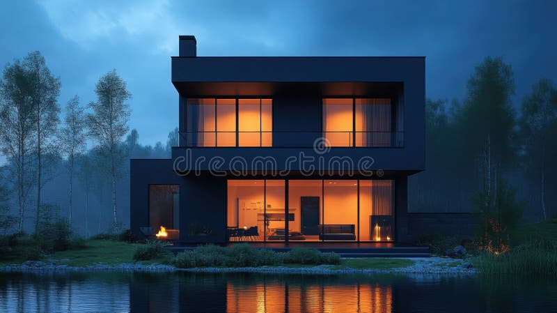 Modern Black House at Night with Lake Reflection Stock Illustration ...