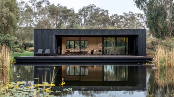 Modern Black House Over Water Reflection Stock Illustration ...