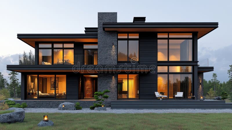Modern Black House with Stone Facade at Dusk Stock Photo - Image of ...