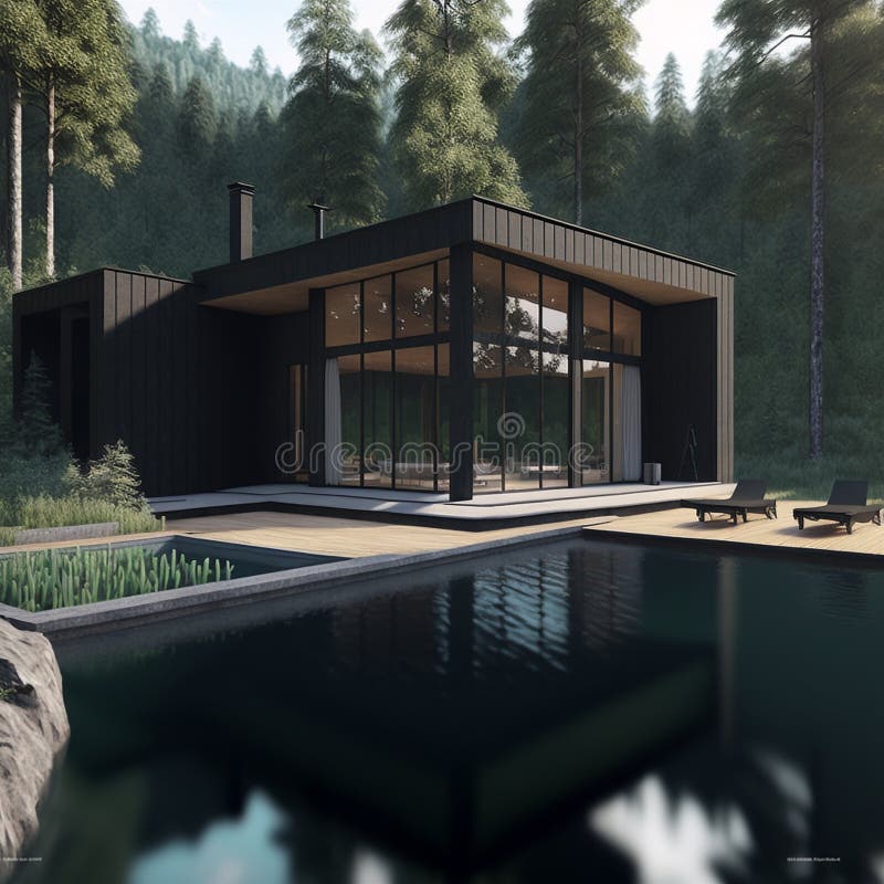 Modern Black House with Swimming Pool in Forest, Generative AI Stock ...