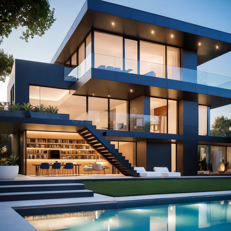 Modern Black House with Swimming Pool and Terrace. Stock Illustration ...