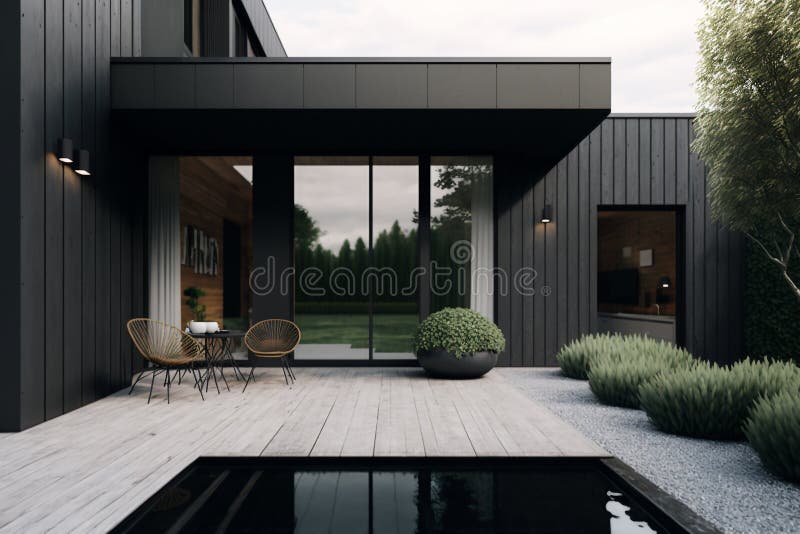 Modern Black House with Terrace, Generative AI Stock Illustration ...