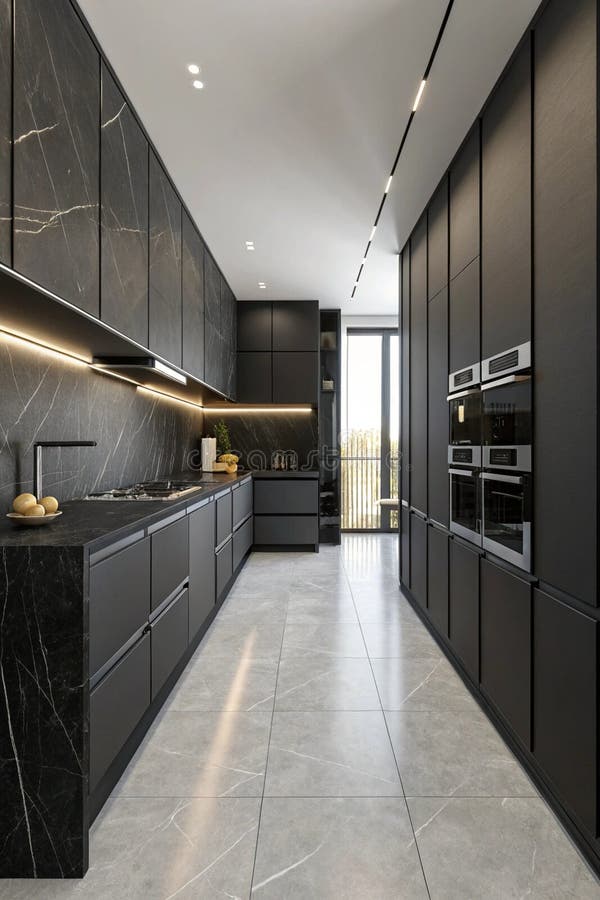 Modern Black Interior Empty Kitchen Room 3D Rendering Stock ...