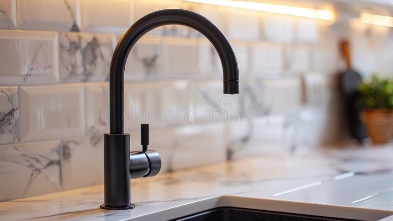 Modern Black Kitchen Faucet Marble Backsplash Sleek Counter Stock ...