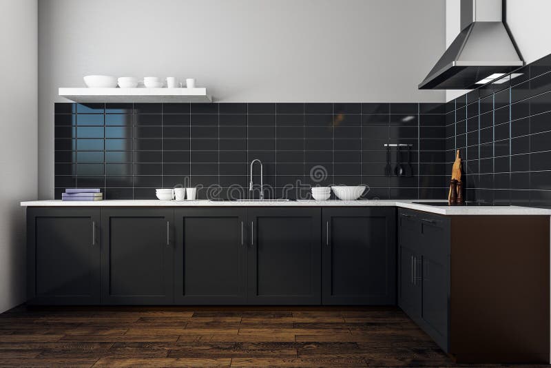 Modern Black Kitchen Interior Stock Illustration - Illustration of ...