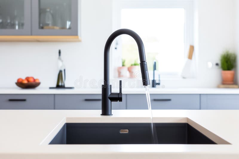 Modern Black Kitchen Tap Over a White Basin with Clean Backdrop Stock ...