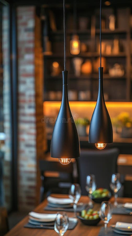 Modern Black Lamps Hanging Over Dining Table Illuminating Restaurant ...