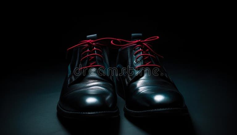 Modern Black Leather Boot with Shiny Shoelace on Dark Background ...