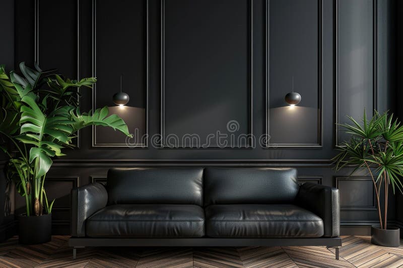 A Modern Black Leather Couch in a Cozy Living Room Setting Stock Image ...